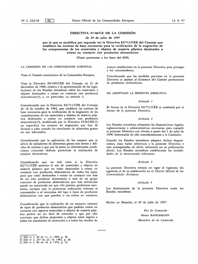 DIREC 97-48 Por La q Se Mod Directiva 827-11 | PDF | Comunidad Económica Europea | Alimentos