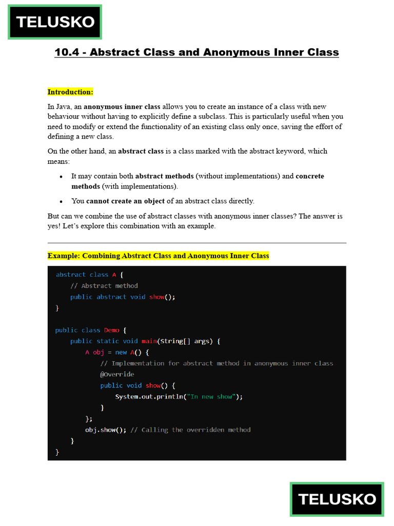 Abstract & Anonymous Inner Classes in Java | PDF