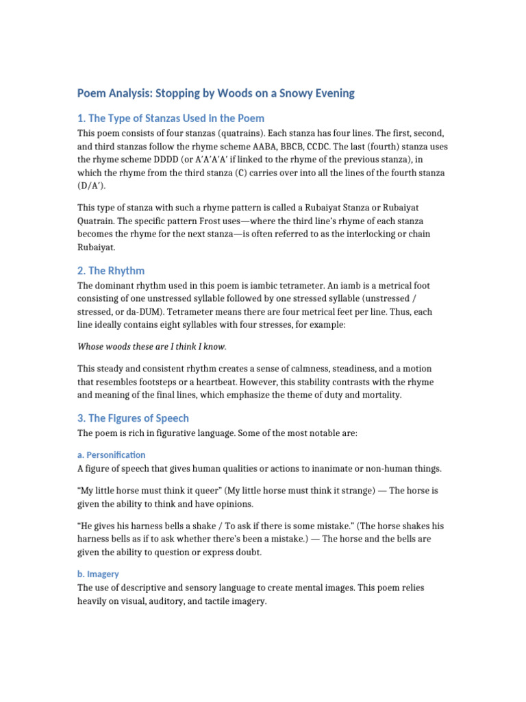 Poem Analysis: Stopping by Woods | PDF | Poetry | Metre (Poetry)