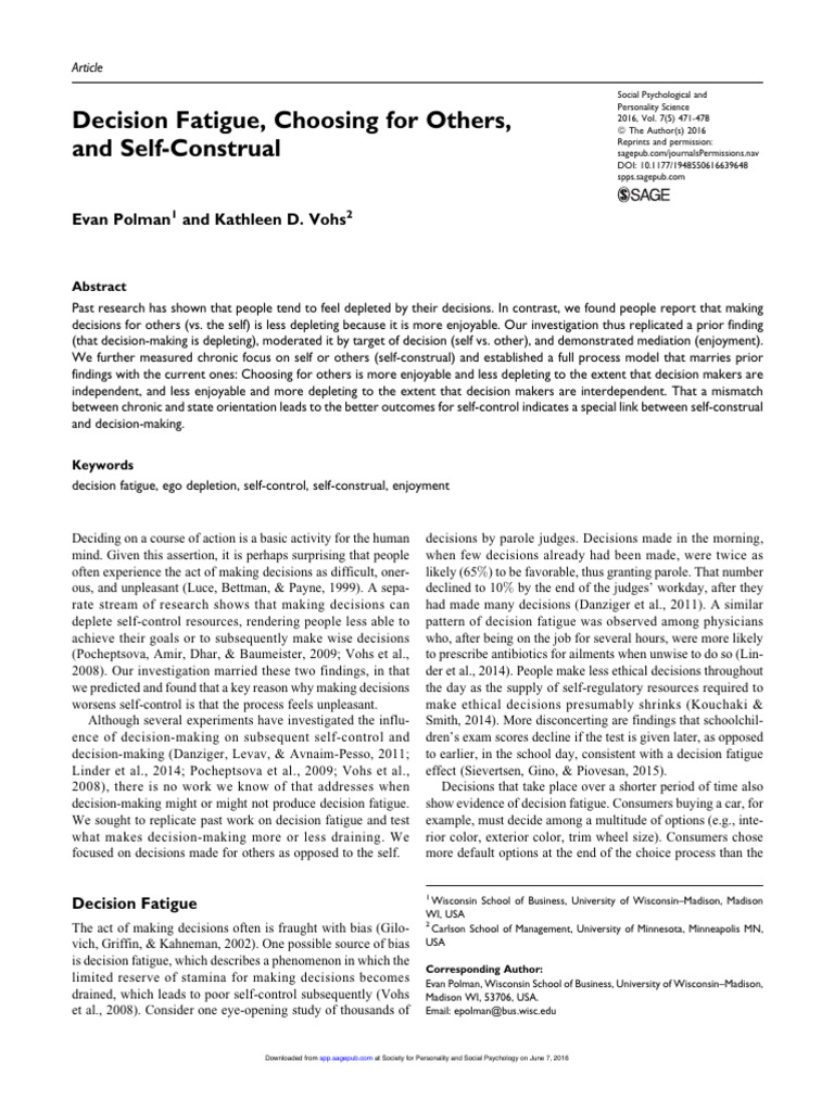Decision Fatigue and Self-Construal Effects | PDF | Experiment | Self ...