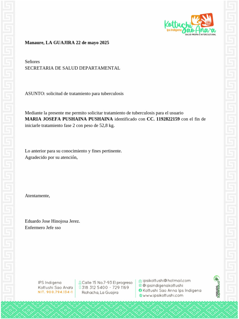 Oficio de Solicitud de Tratamiento Tbc - Maria Pushaina | PDF