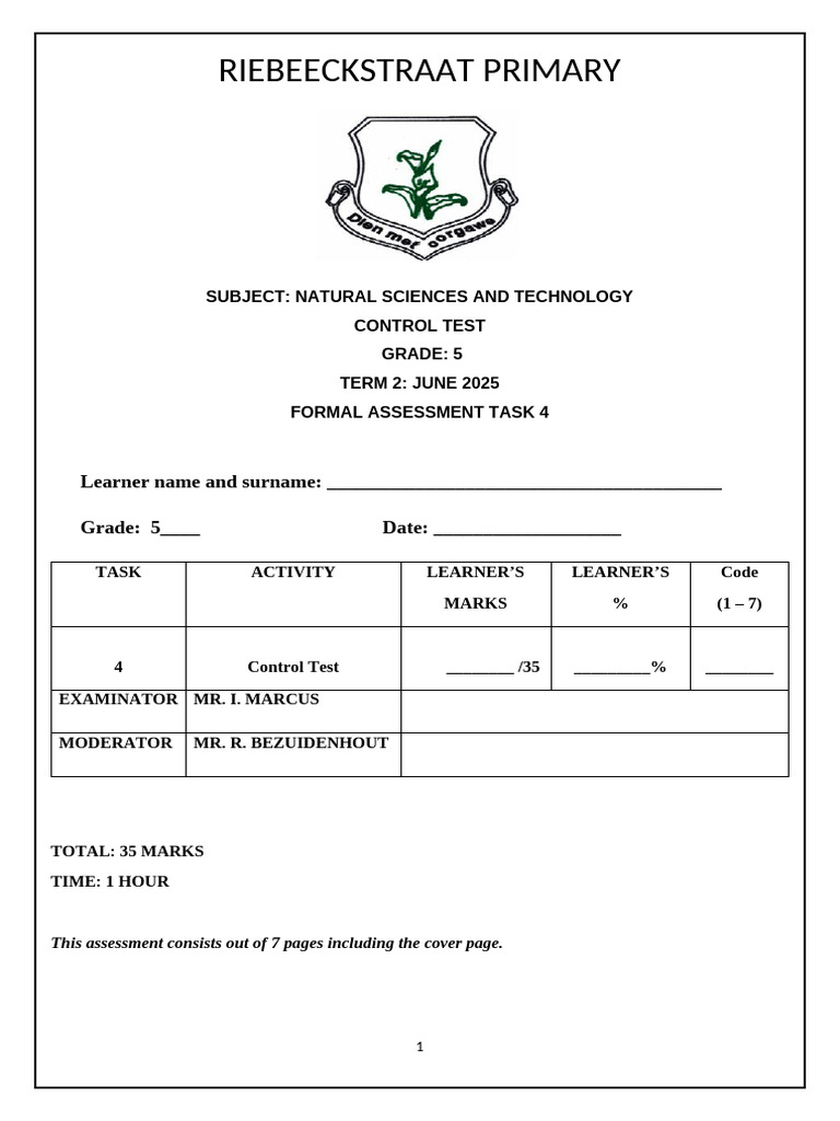 Grade 5 Natural Sciences Control Test | PDF | Metals