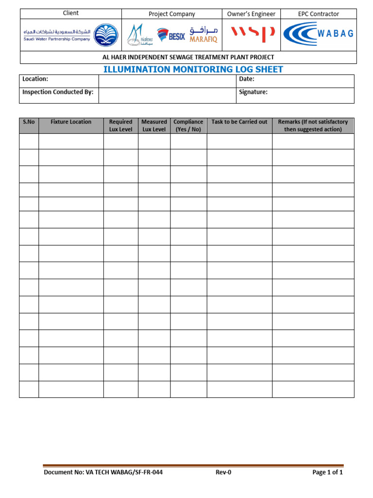 Sewage Treatment Plant Illumination Log | PDF