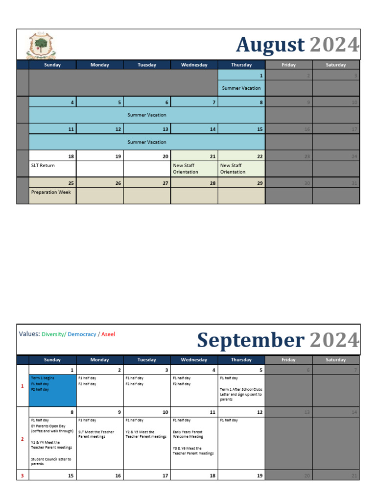 NIS West Bay Parent Monthly Calendar 2024-2025 | PDF