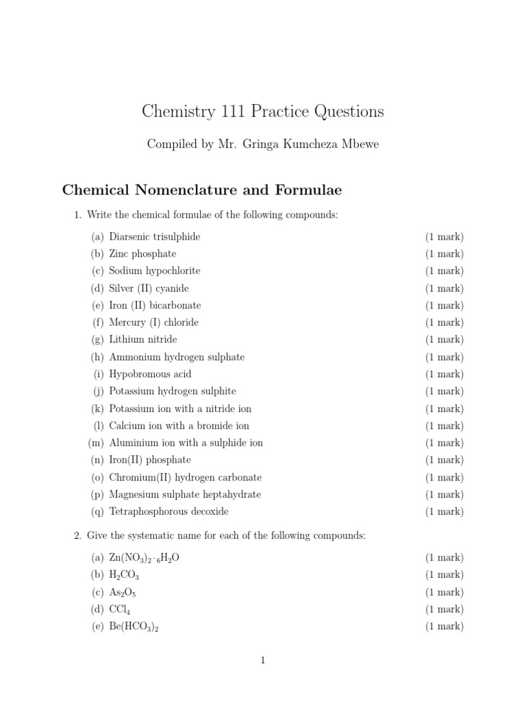 Chemistry 111 Practice Questions Guide | PDF | Mole (Unit) | Atoms
