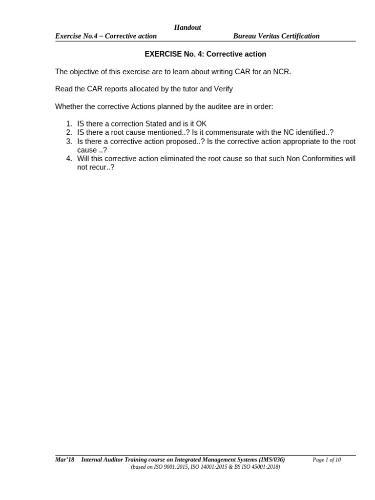 Ex 4-Corrective Action | PDF | Audit | Internal Audit