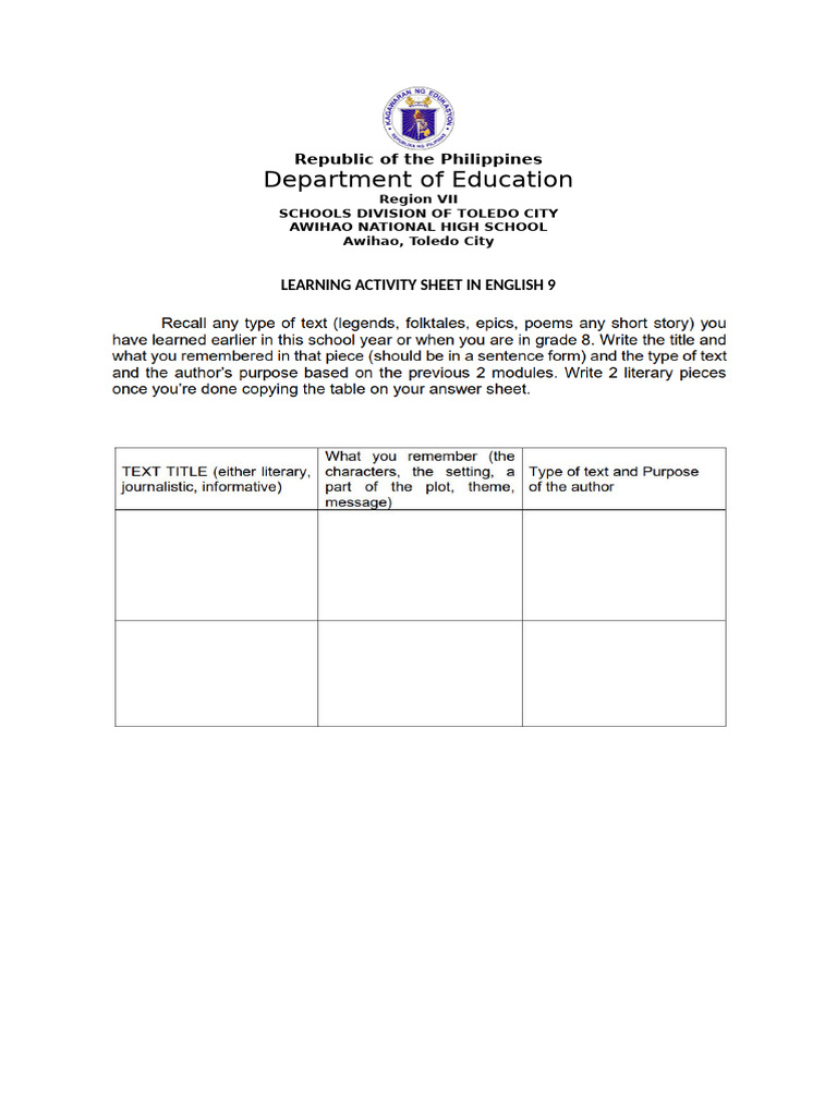 Learning Activity Sheet in English 9, Week 3 (1) | PDF