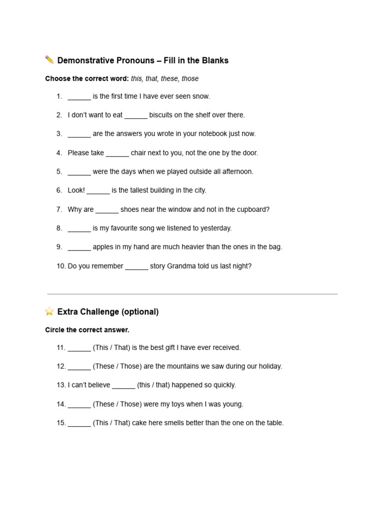 ️ Demonstrative Pronouns – Fill in the Blanks | PDF