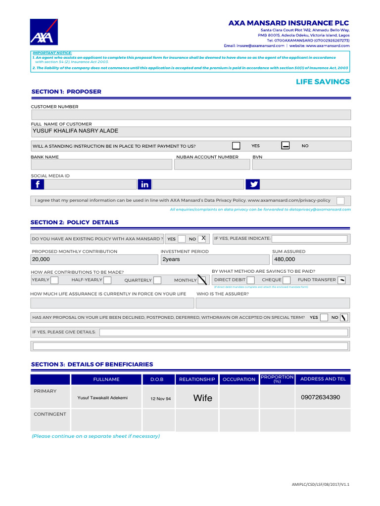 Life Insurance Proposal Form | PDF | Insurance | Financial Services