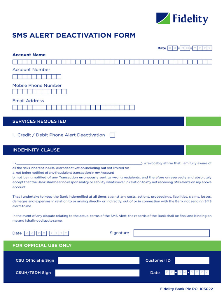 SMS Alert Deactivation Request Form | PDF