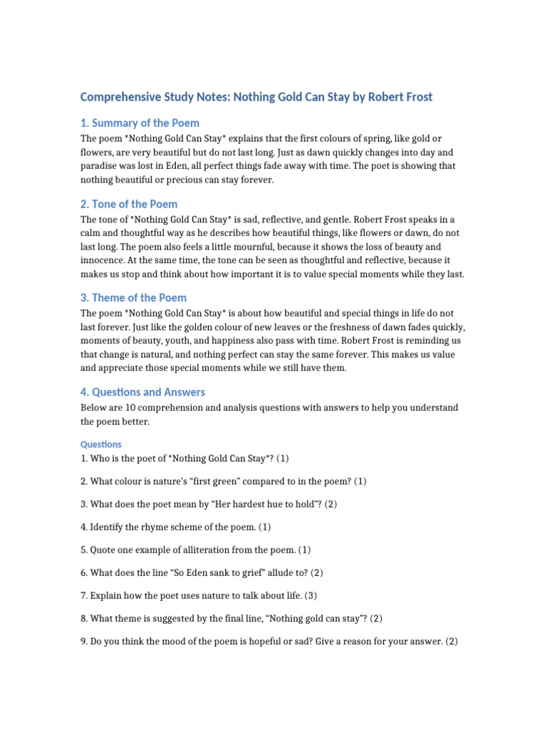 Study Guide for Frost's "Nothing Gold" | PDF | Poetry