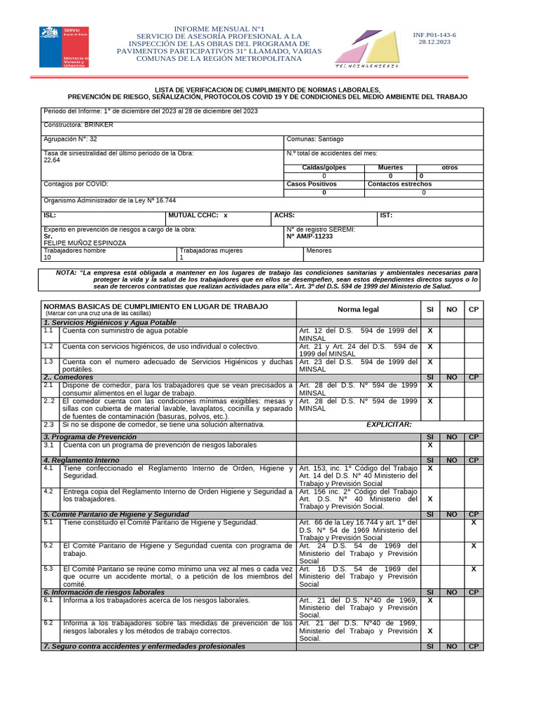 Lista de Cheq Prev de Riesgos y Medio Ambiente Dic 2023-Brinker | PDF