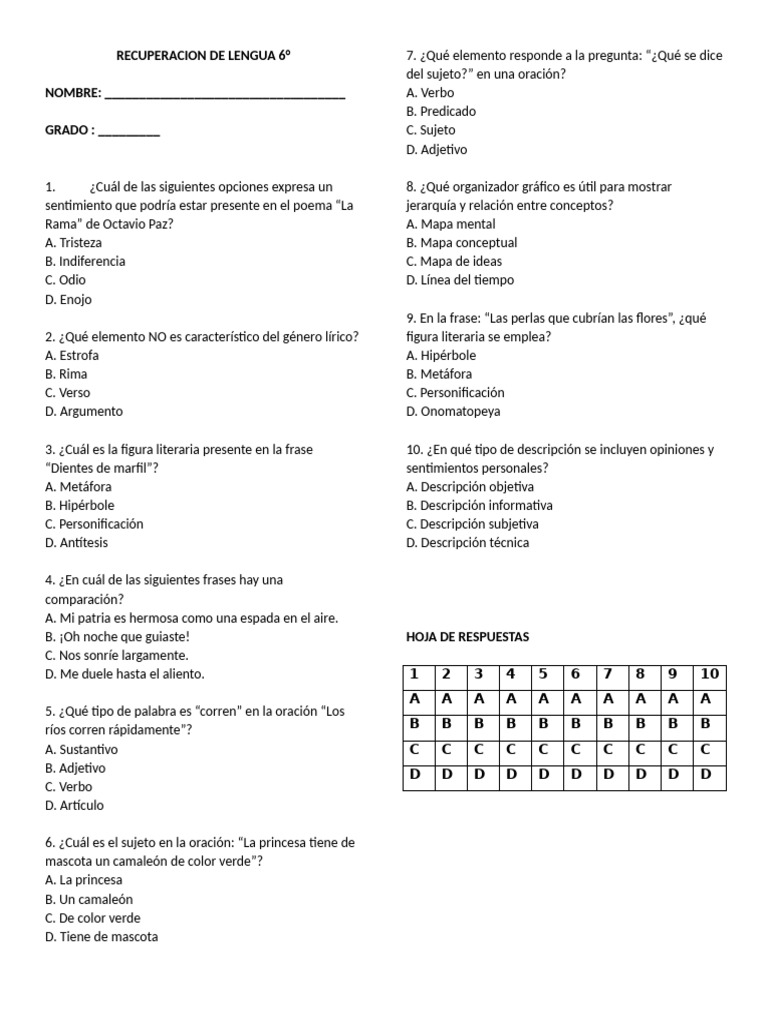 Eva Recup Lengua 6 3 Periodo 2025 | PDF | Metáfora | Asunto (gramática)