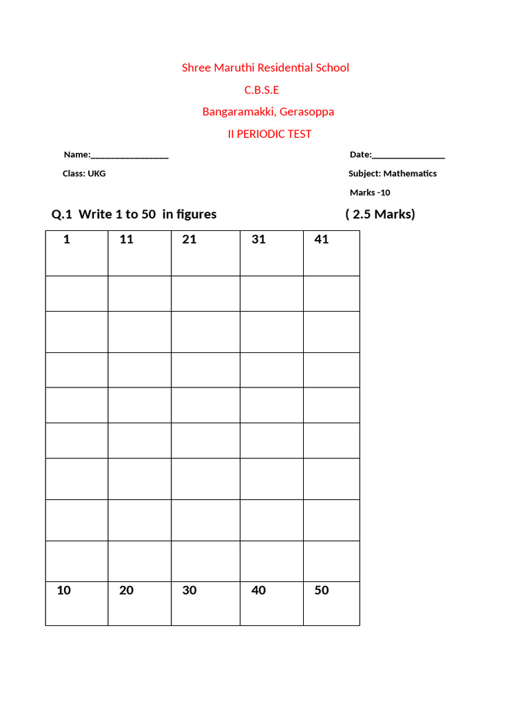 UKG Mathematics Periodic Test Paper | PDF