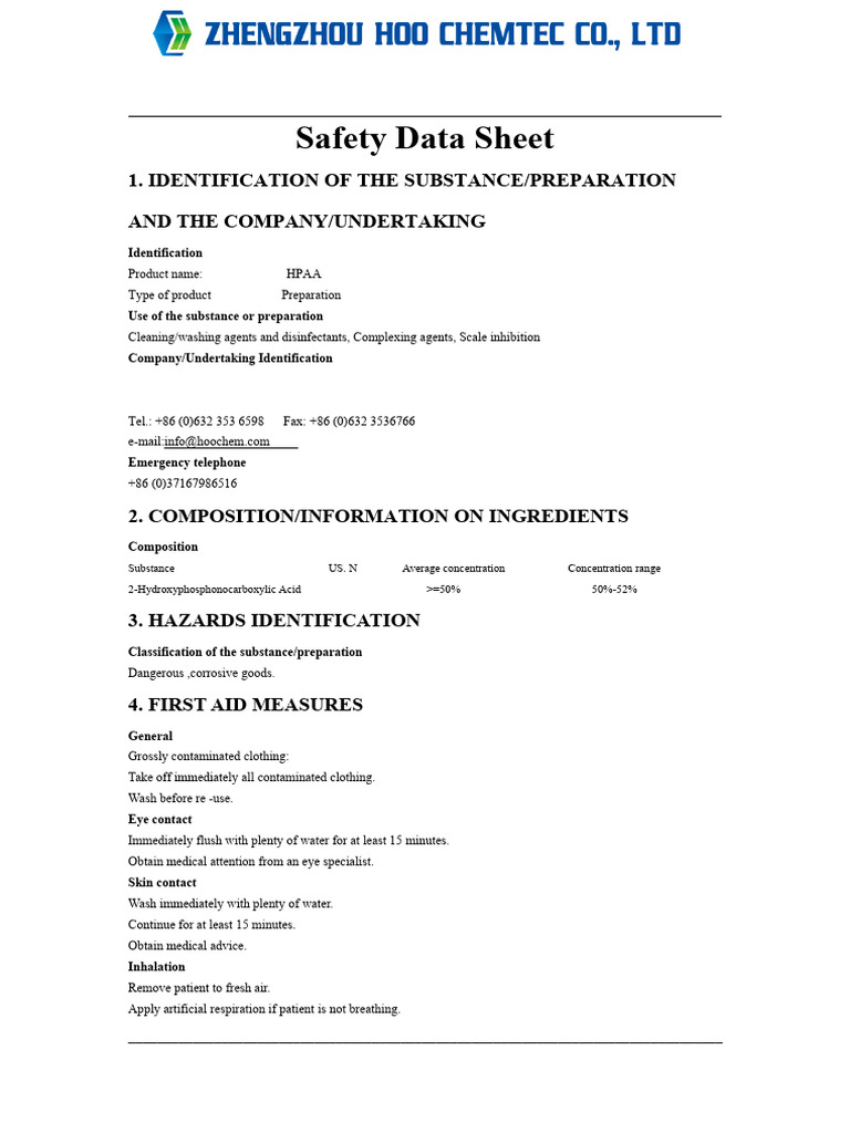 Hpaa 50% MSDS - Hoochemtec | PDF | Water | Personal Protective Equipment