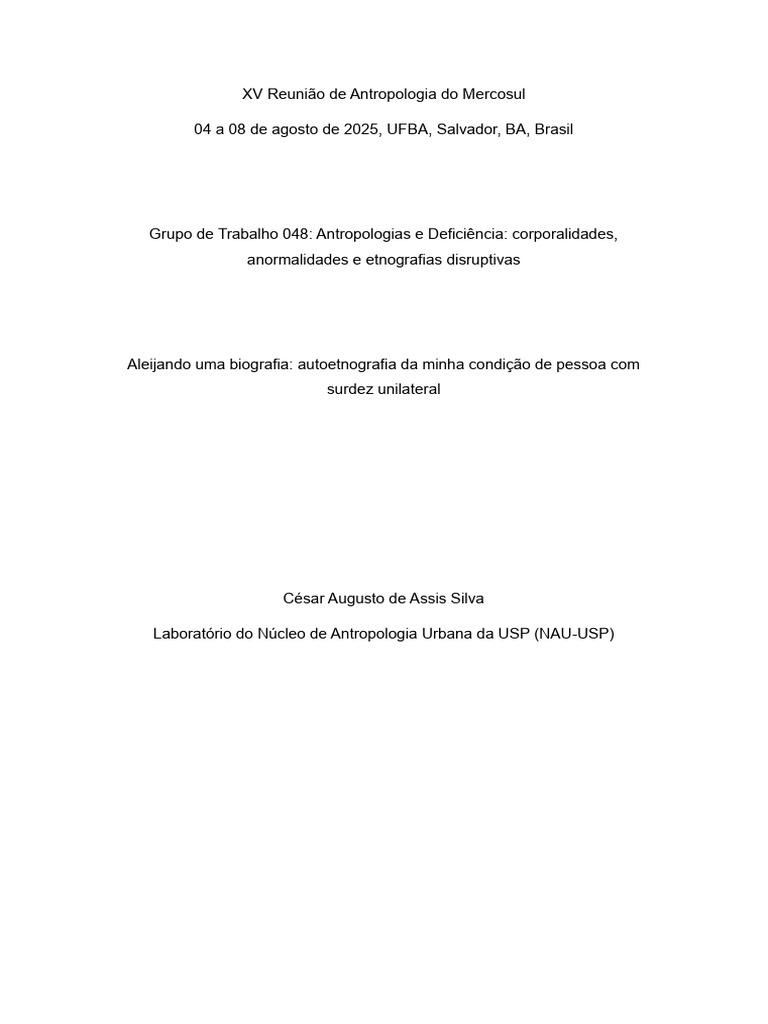 Autoetnografia da Surdez Unilateral | PDF | Surdez | Audição