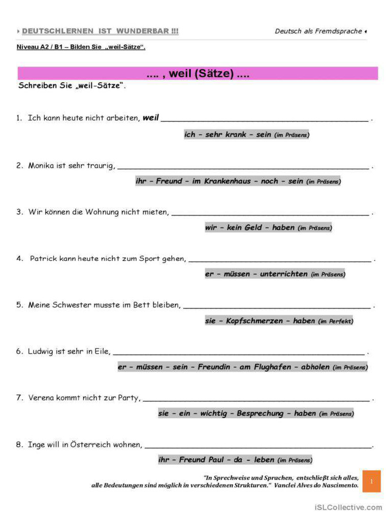a2 Weilsatze Teil d Arbeitsblatter Grammatikerklarungen Grammatikubung ...