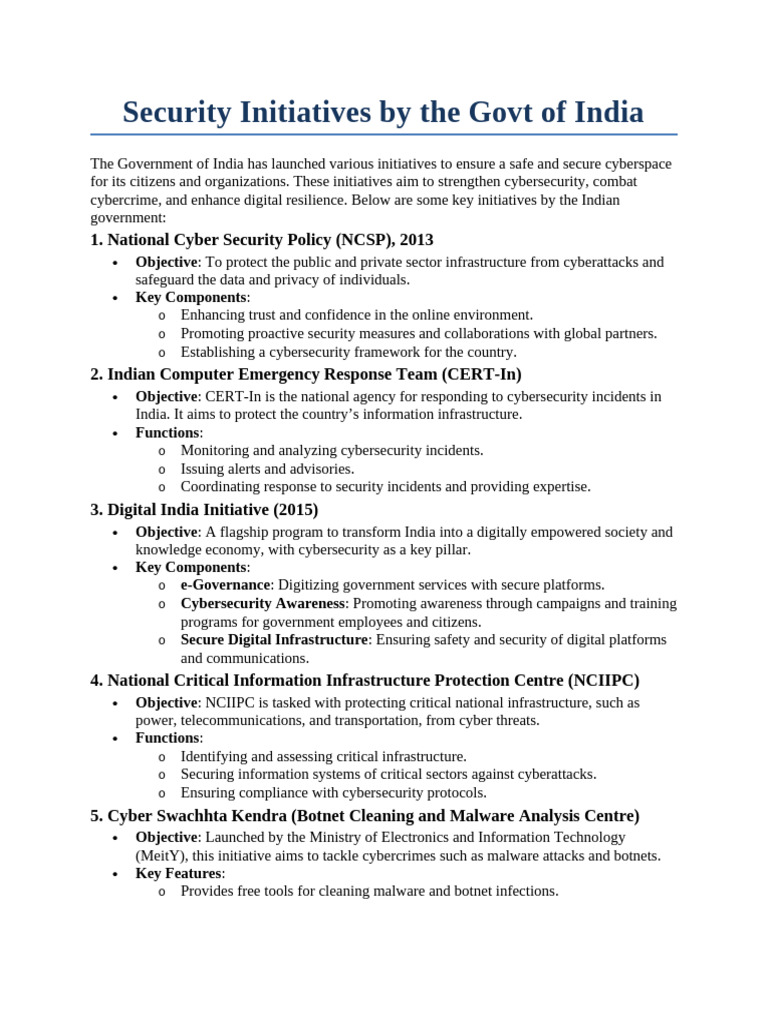 Security Initiatives by the Govt of India | PDF | Security | Computer ...