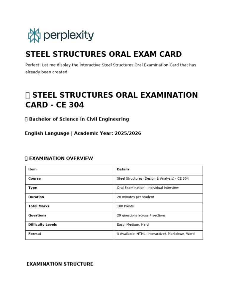 Steel Structures Oral Exam Guide CE 304 | PDF | Buckling | Beam (Structure)