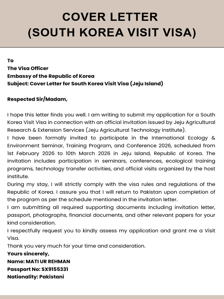 South Korea Visit Visa Cover Letter | PDF | Travel Visa | Passport