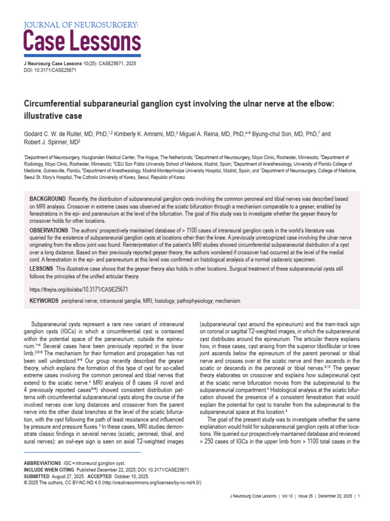 Circumferential subparaneurial ganglion cyst involving the ulnar nerve ...