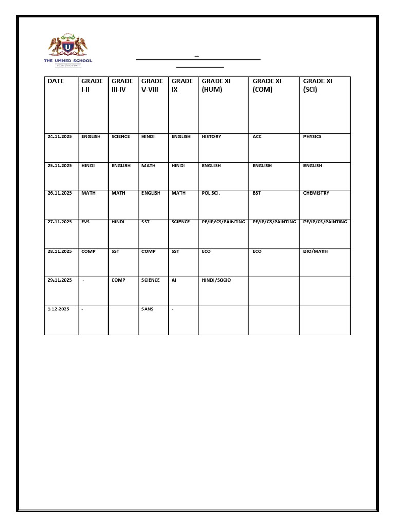 PT II Date Sheet 2025-26 | PDF