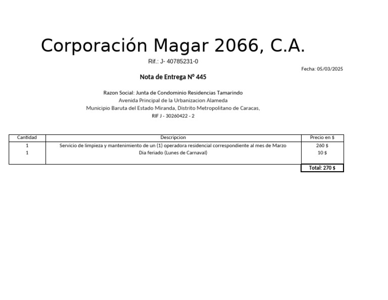 Nota de Cobro Res. Tamarindo (Mes de Marzo) | PDF