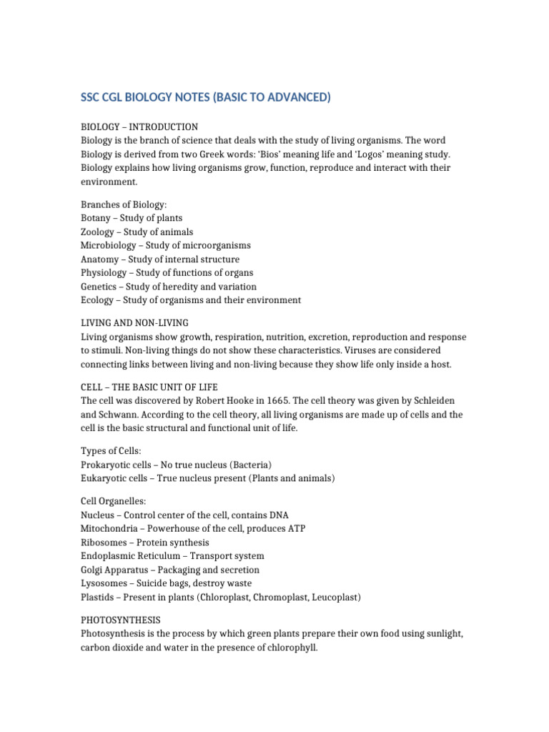 SSC CGL Biology Notes Detailed-1 | PDF | Cell (Biology) | Biology