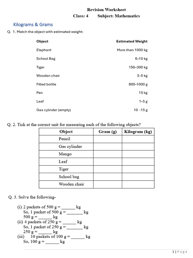 Mathematics Revision Worksheet for Grade 4 | PDF | Kilogram