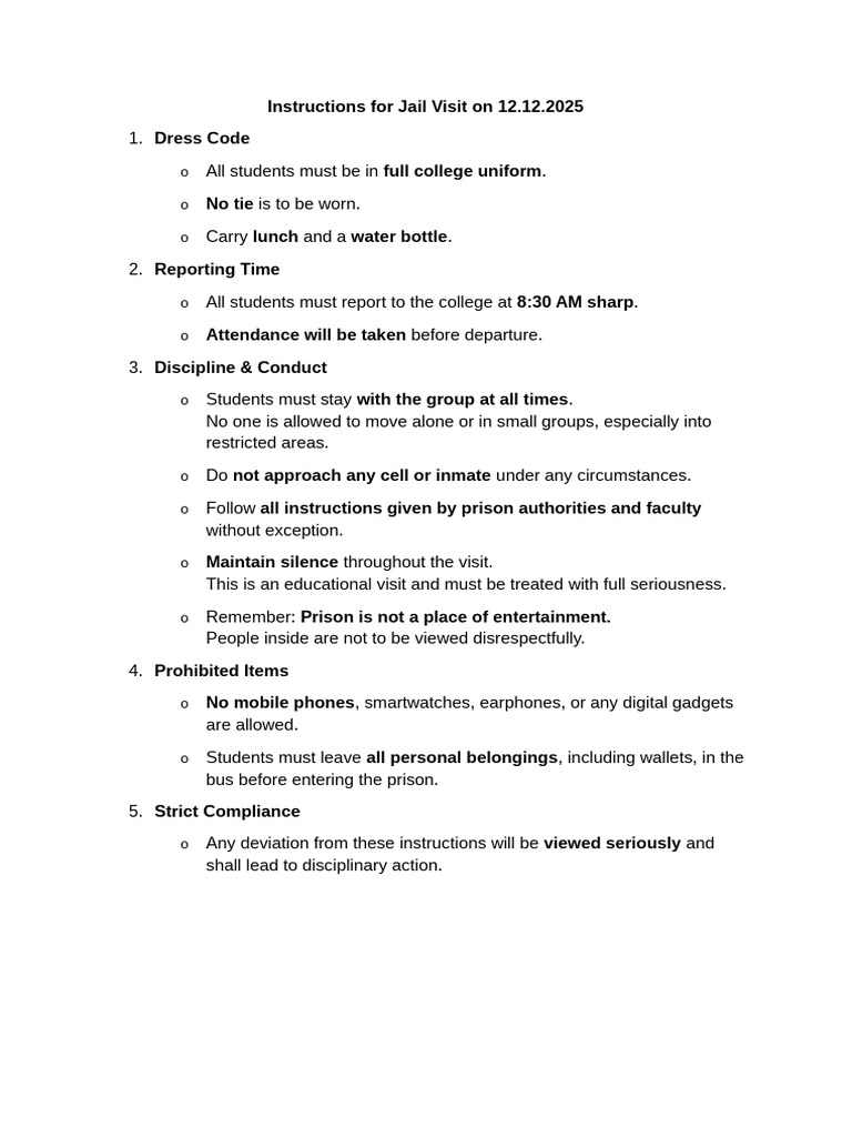 Instructions for Jail Visit on 12 | PDF