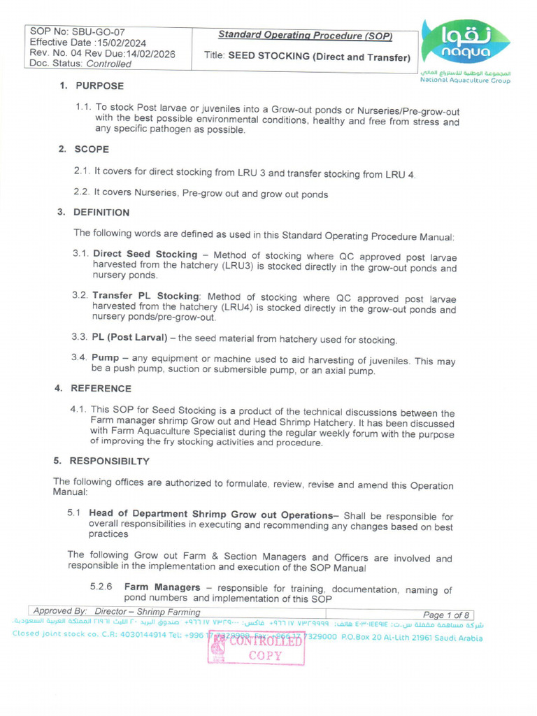 SOP NO. SBU-GO-07 Seed Stocking (Direct & Transfer) | PDF