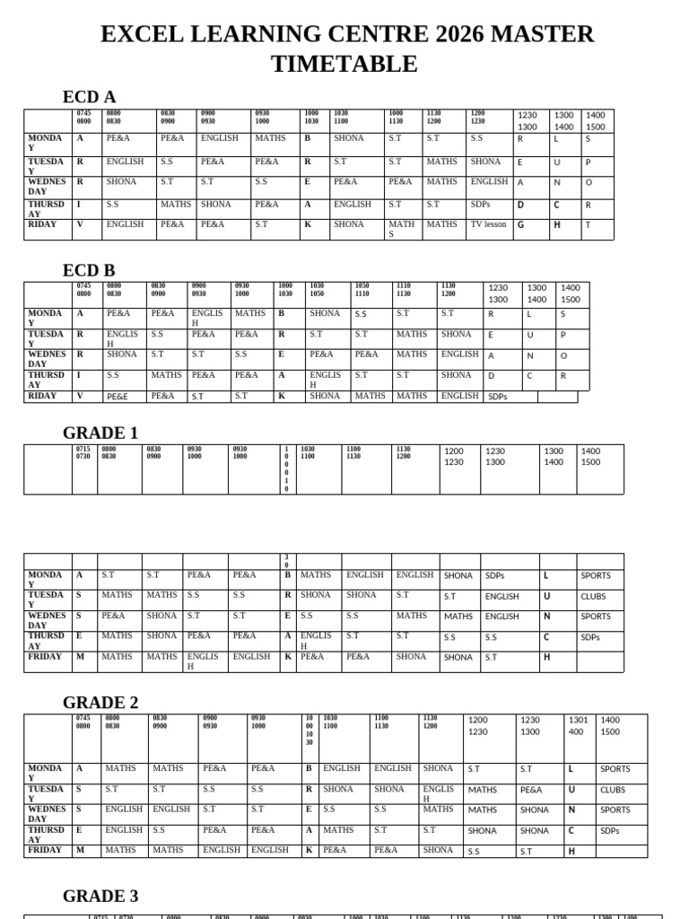 2026 Excel Learning Centre Timetable | PDF