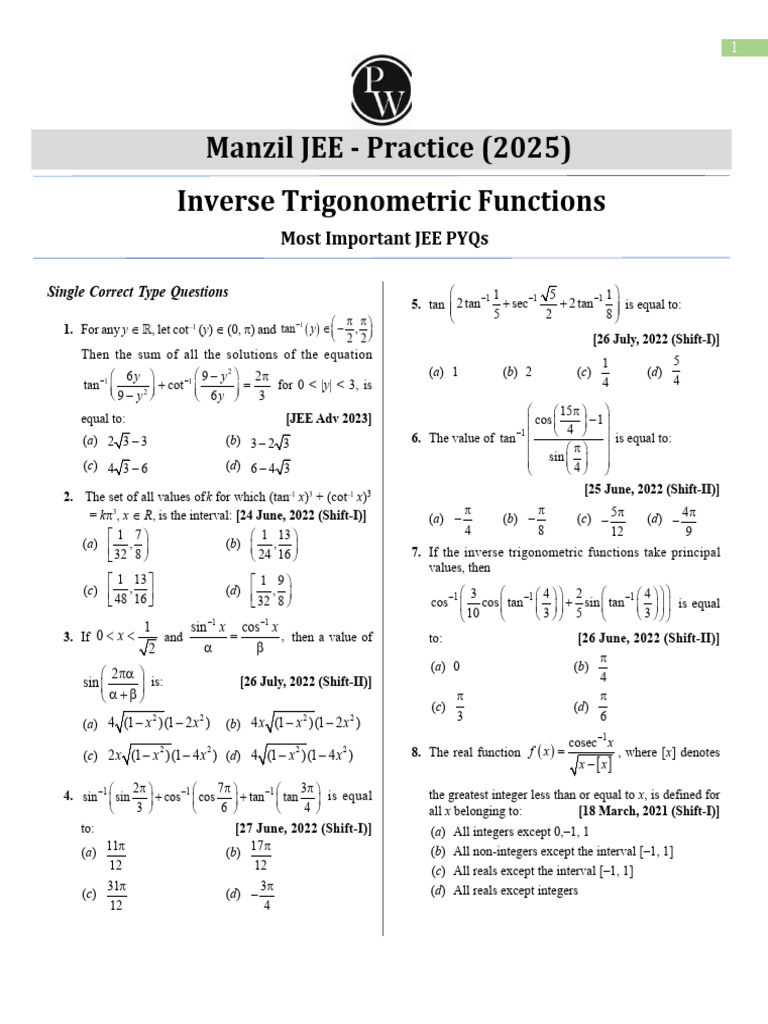Inverse Trigonometric Functions PYQ Sheet Question Manzil JEE 2025 ...