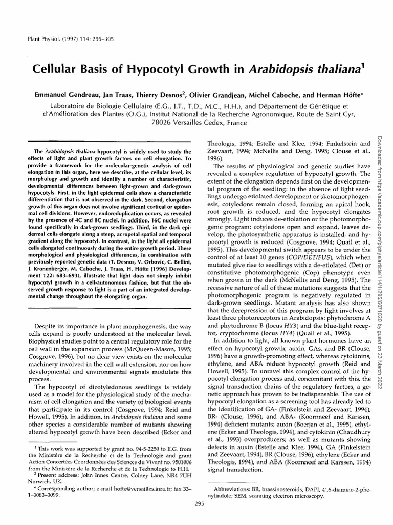 Cellular Basis of Hypocotyl Growth in Arabidopsis Thaliana | PDF ...
