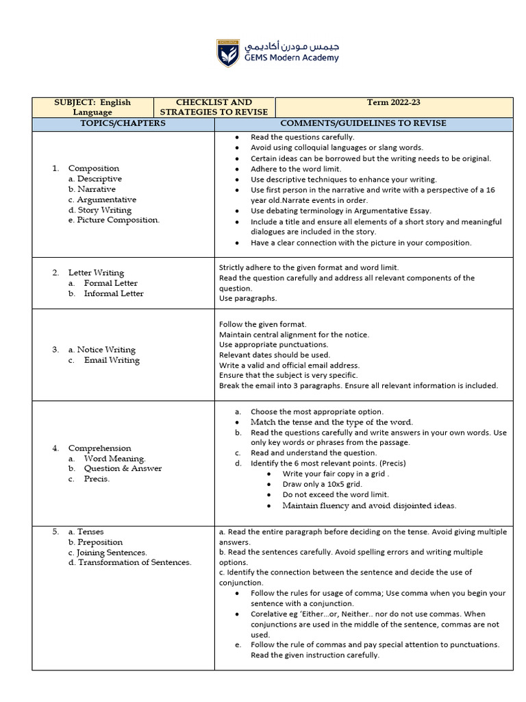 Checklist 2022 23 | PDF | Word | Comma