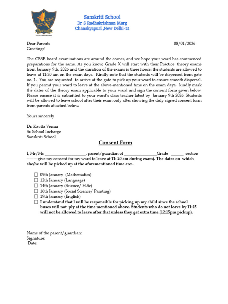 CBSE Grade X Exam Pickup Consent Form | PDF