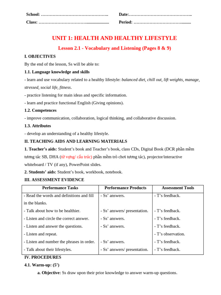 Healthy Lifestyle Vocabulary Lesson | PDF | Vocabulary | Teachers