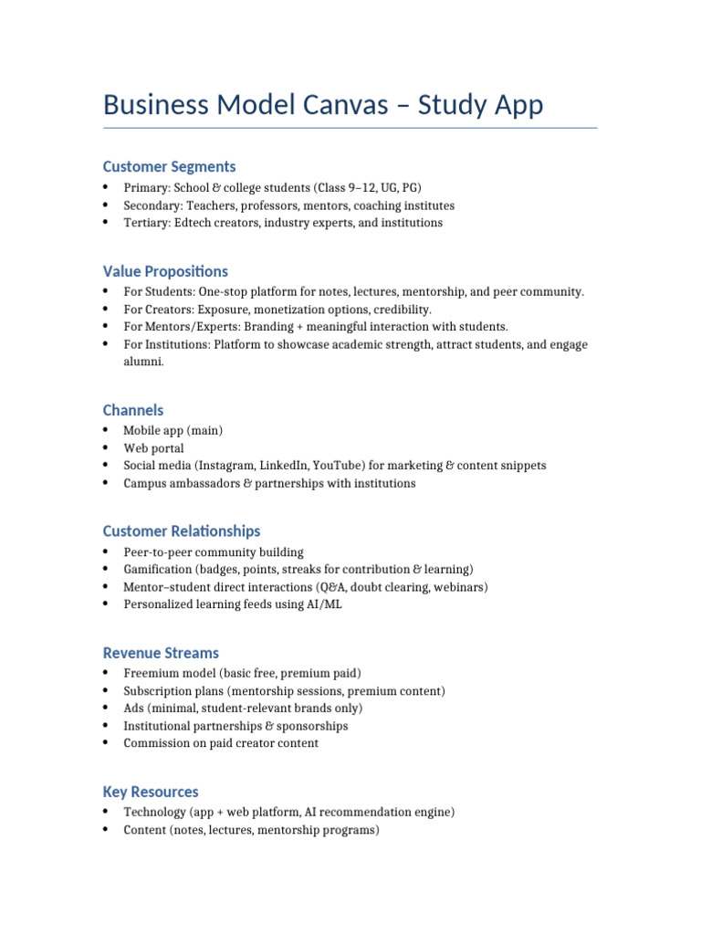 Business Model Canvas for Study App | PDF