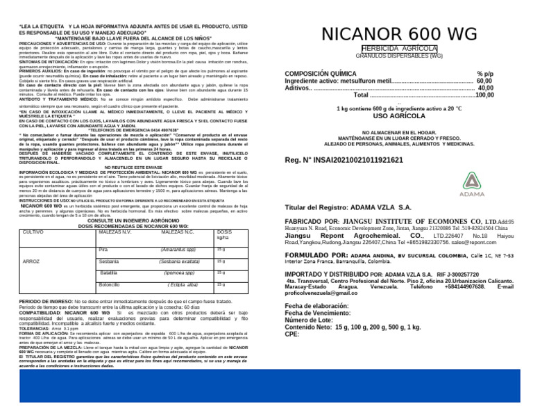 Precauciones y Uso de Nicanor 600 WG | PDF | Agua
