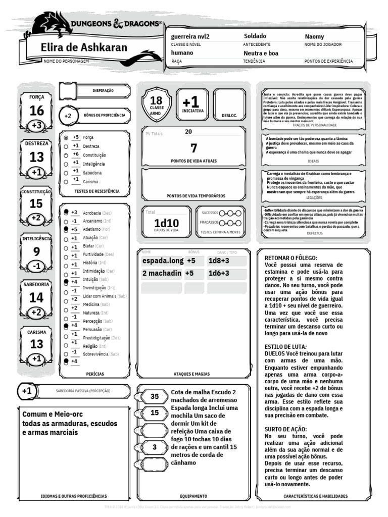 D&D 5E - Ficha de Personagem Completável - Biblioteca Élfica Naomy (4 ...