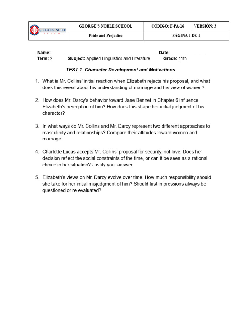 P&P FINAL TEST | PDF | Pride And Prejudice | Mr. Darcy