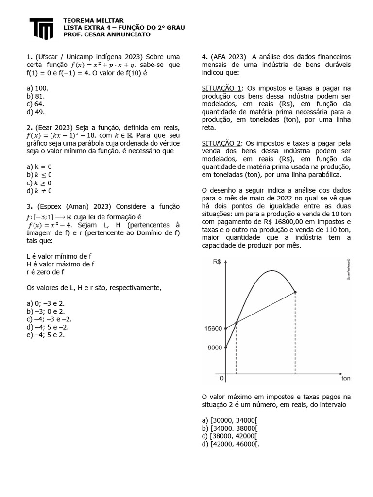 LISTA 4 EXTRA FUNÇÃO DO 2° GRAU | PDF | Triângulo | Equações
