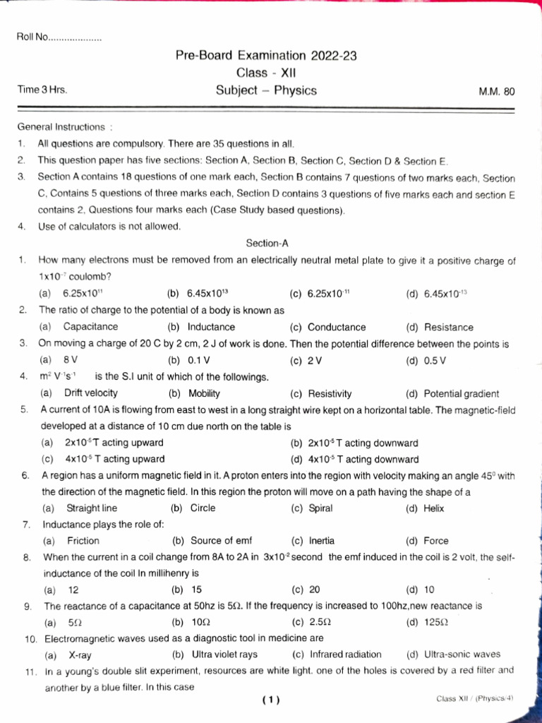 Class XII Physics Pre-Board Exam Paper | PDF | Atoms | Atomic Nucleus
