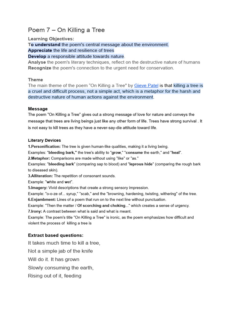 Poem 7 – on Killing a Tree | PDF | Poetry