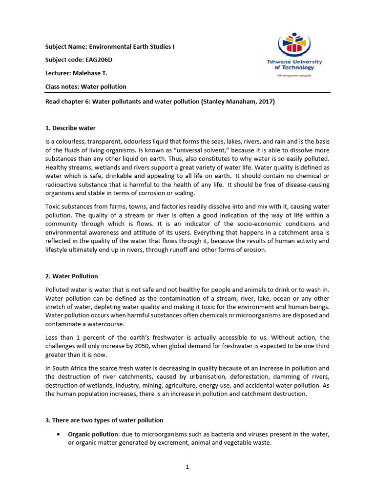 Water pollution notes (25 March 2024) - Copy | PDF | Water Pollution ...