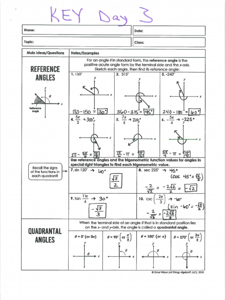 Precalculus+Unit+3+Worksheet+3 1 6+Reference+Angle+Packet+KEY | PDF