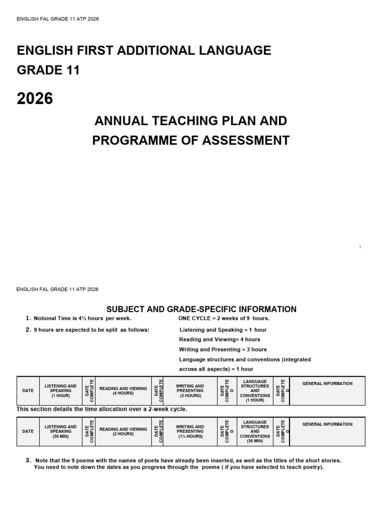 Grade 11 English FAL Annual Teaching Plan | PDF | Reading Comprehension ...