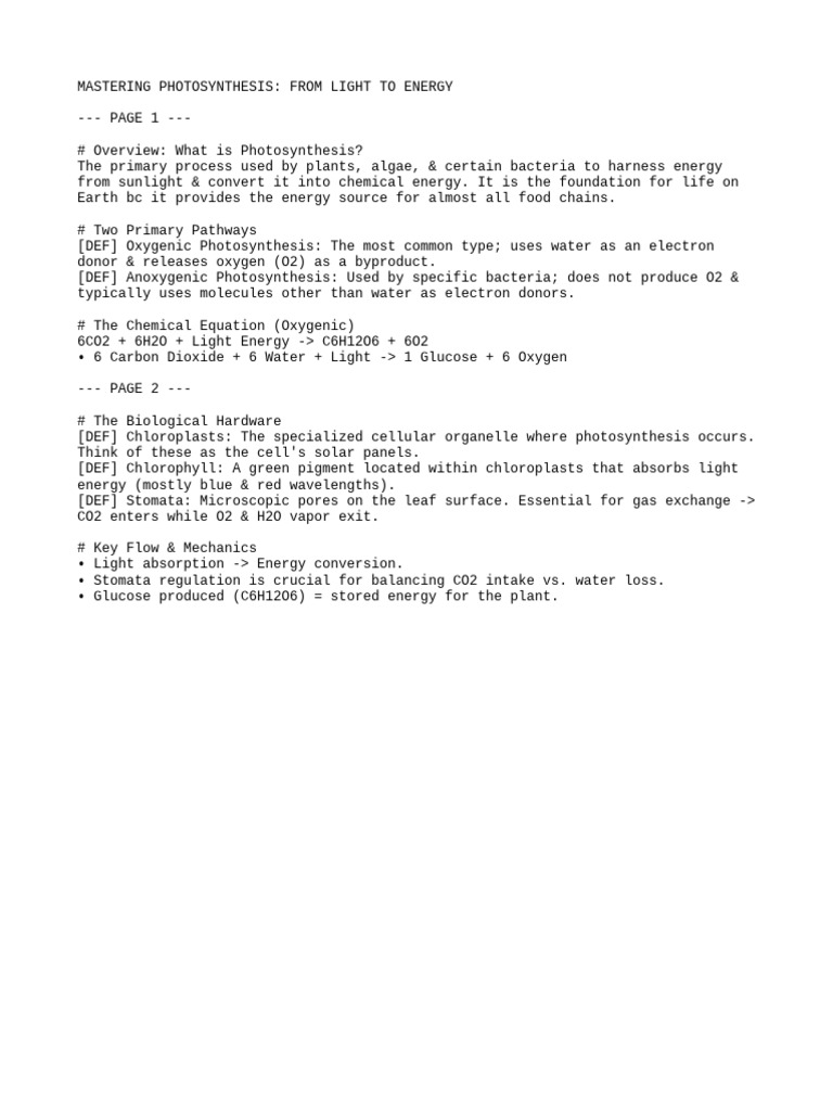 Mastering Photosynthesis From Light to Energy Notes | PDF