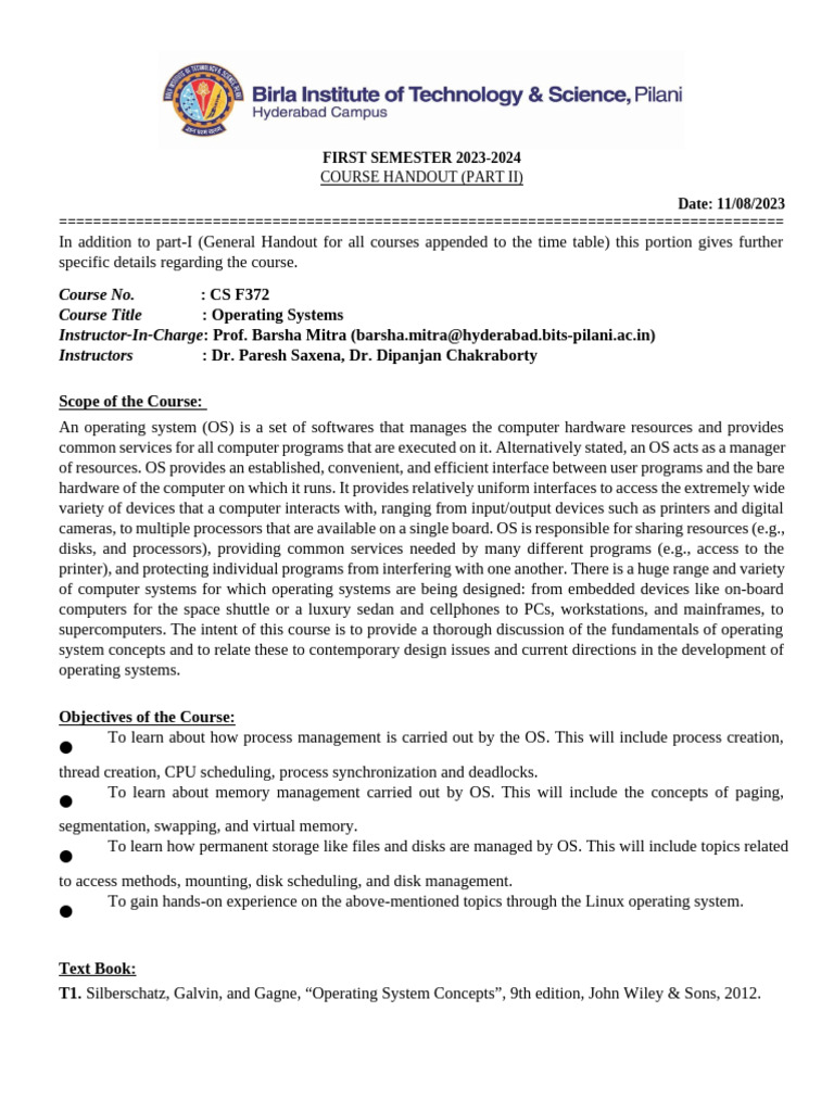CS F372 Operating Systems Course Guide | PDF | Process (Computing ...