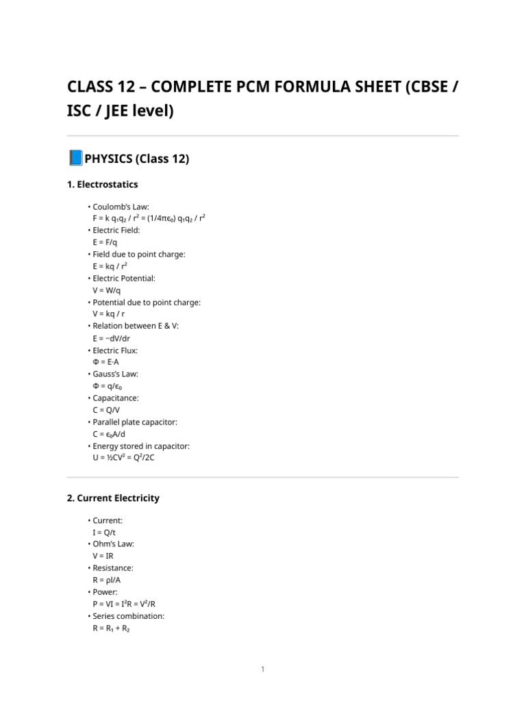 Class 12 PCM Formula Sheet | PDF | Electromagnetic Radiation | Inductance